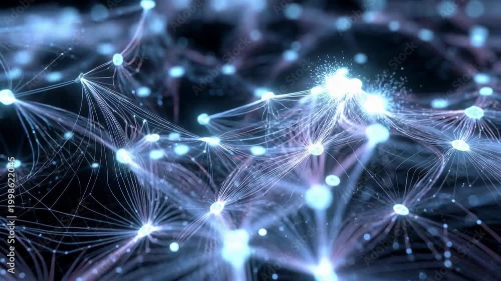 Abstract web of luminous interconnected nodes in digital style on dark ...