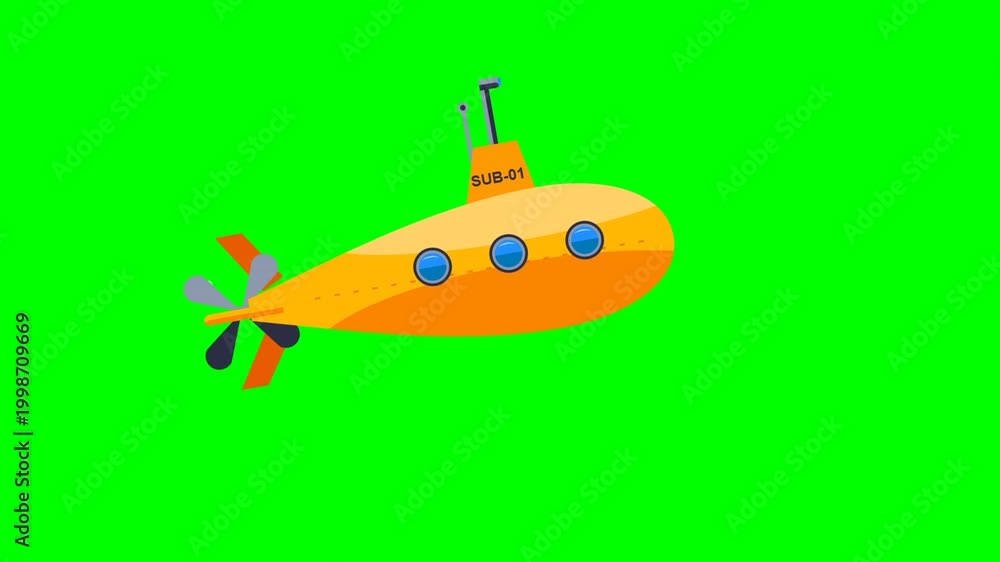 Animated cartoon yellow submarine moving on green screen background ...