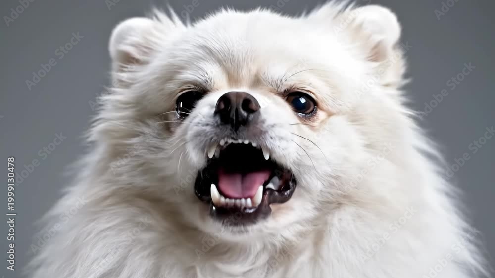 Aggressive White Pomeranian Dog Snarling and Showing Teeth for Pet ...