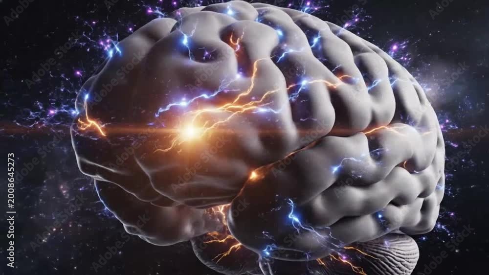 Human brain with electric sparks in space symbolizing digital ...