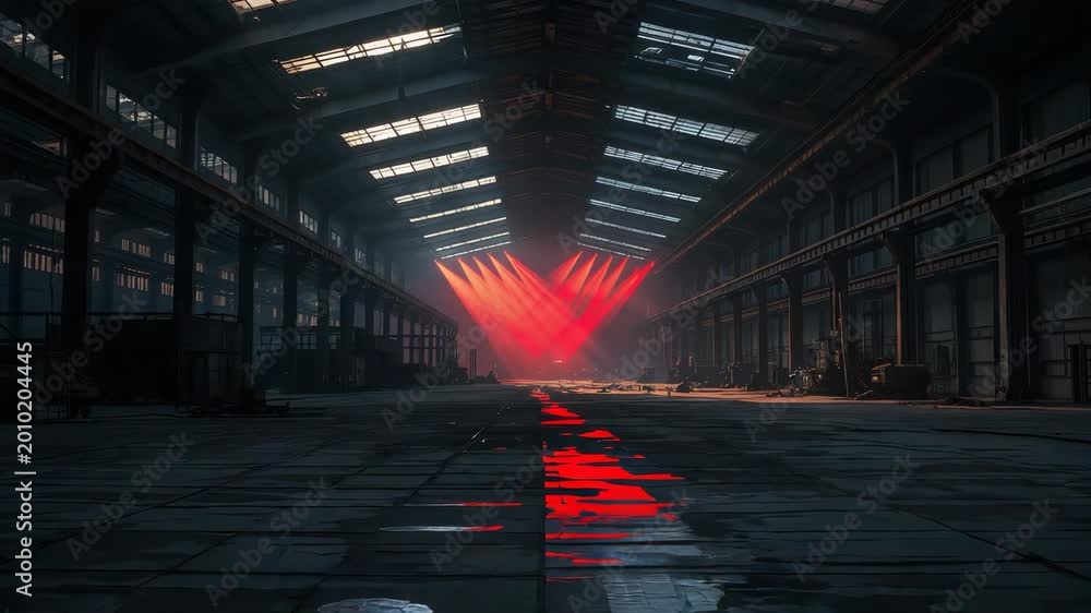 Empty industrial factory hall interior with dramatic red light beams ...