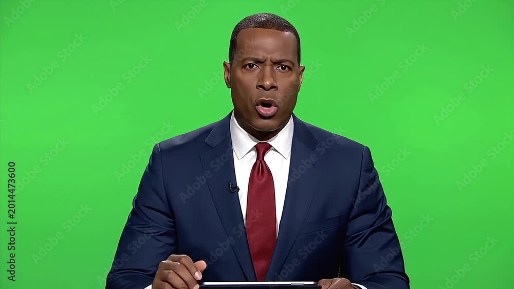 Professional Male News Anchor Broadcasting on Green Screen Background ...