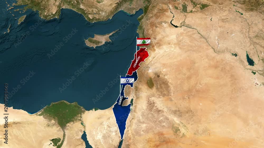 Geopolitical map animation displaying Lebanon and Israel national flags ...