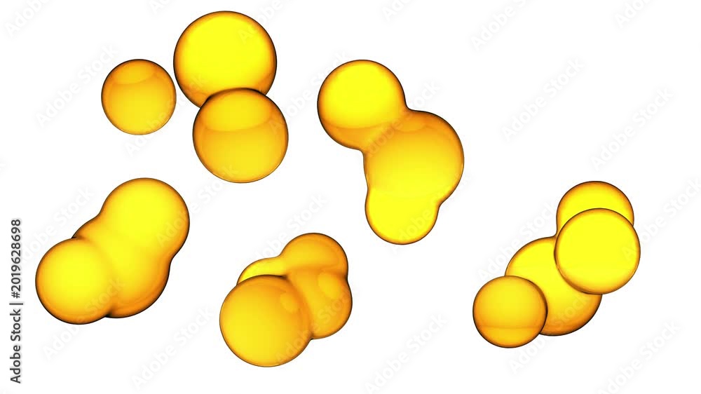Yellow oil drops merging into liquid gold molecules on white background ...