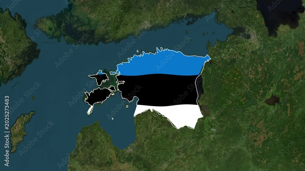 Animated Estonian flag overlayed on a satellite map of the country ...