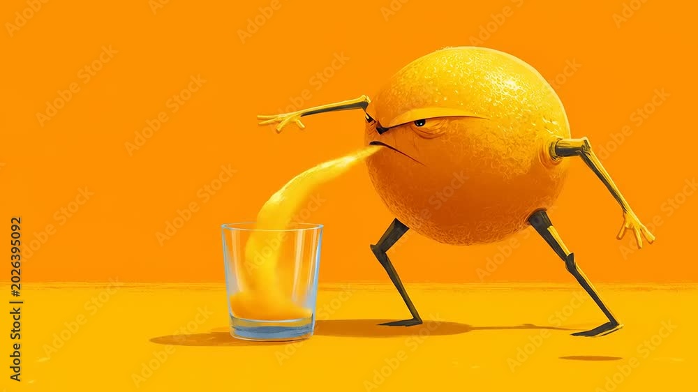 Animated lemon character squeezing juice into glass on orange ...