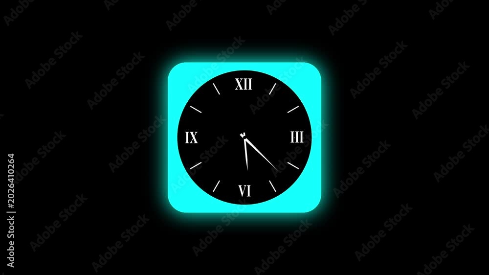 Neon cyan glowing analog clock face with roman numerals moving fast ...