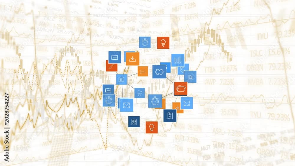 Icon tiles growing and rotating, curve appearing and causing growth ...