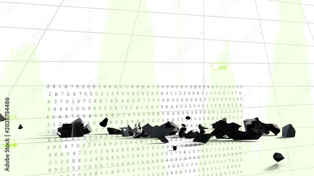 Black 3D$ descending, colliding, breaking, settling, green chart rising ...