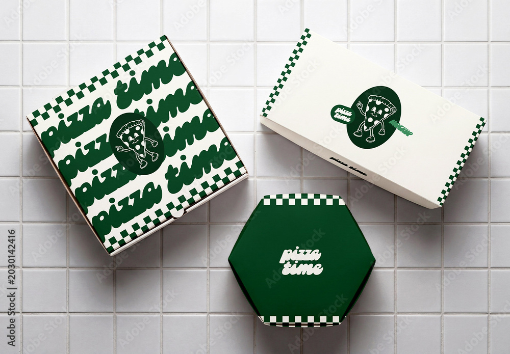 Pizza Box Packaging Mockup Set on Tile Surface Stock Template | Adobe Stock