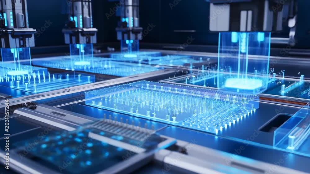 Circuit board microchip with robotic precision, glowing blue data lines ...