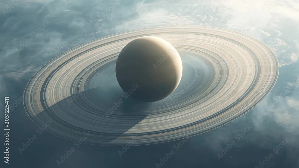 Ringed gas planet casting soft shadow over dusty rings dawn with ...