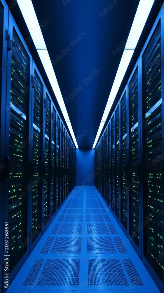 Modern Data Center Server Room with Blue Lights and Racks. Stock ビデオ ...