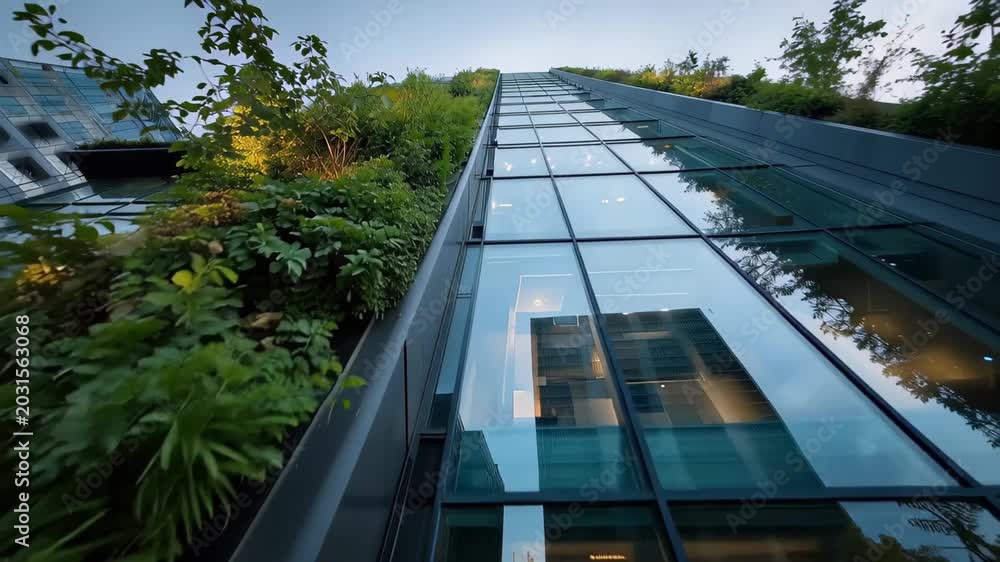 Sustainable green building in a modern city with tall glass walls and ...