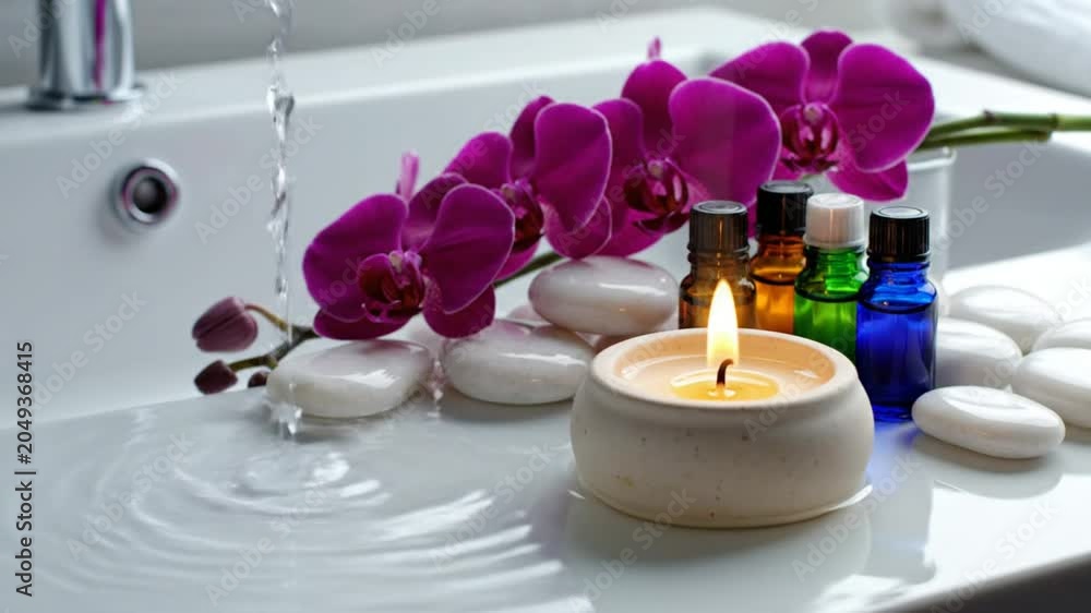 serene spa setup with lit candle, orchids, essential oils, and water ...