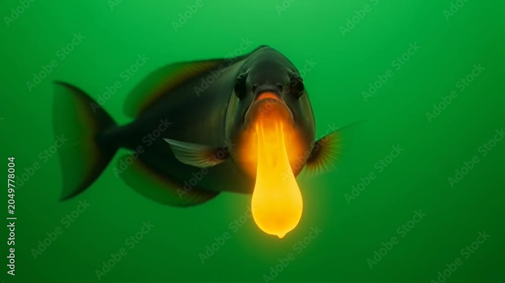 Cardinalfish spitting glowing bioluminescent ostracods in green water ...