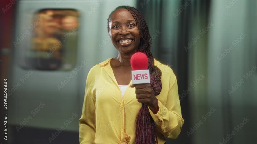 Young woman reporter holds a red microphone, pointing toward a passing ...