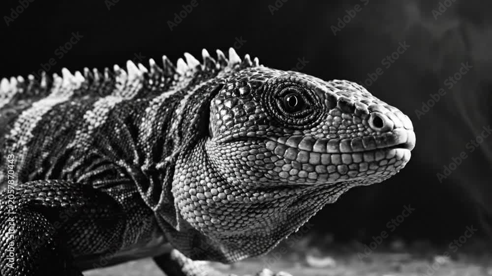 Black and white close up of a lizard with a spiky dorsal ridge and ...