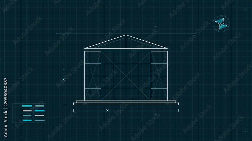 Digital CAD drawing of a classical bank building with animated ...