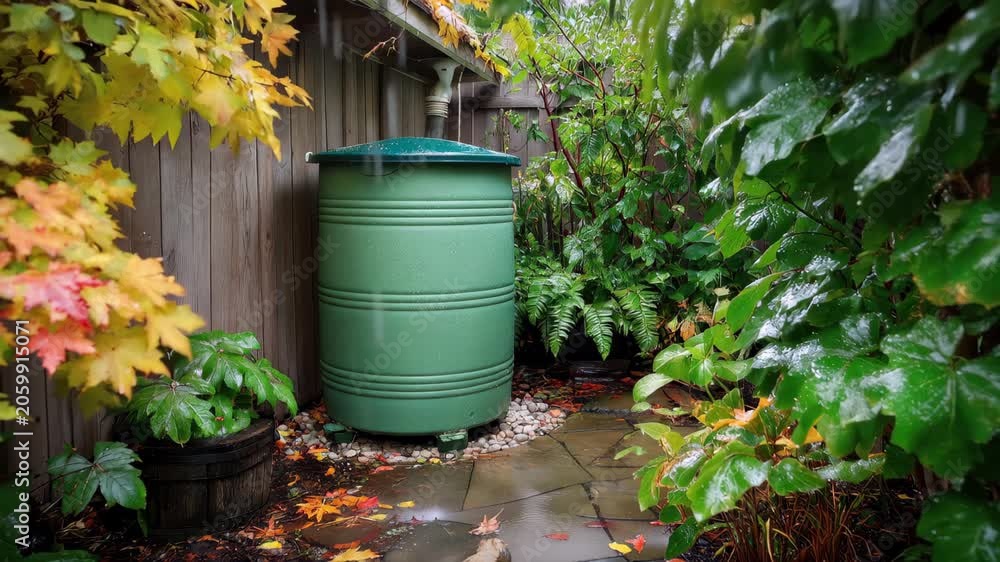 Rain barrel collects water from gutter in backyard during wet season ...