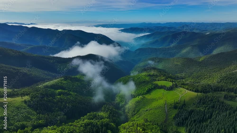 Aerial View of Misty Green Mountain Ranges 4K Generative AI Stock ビデオ ...