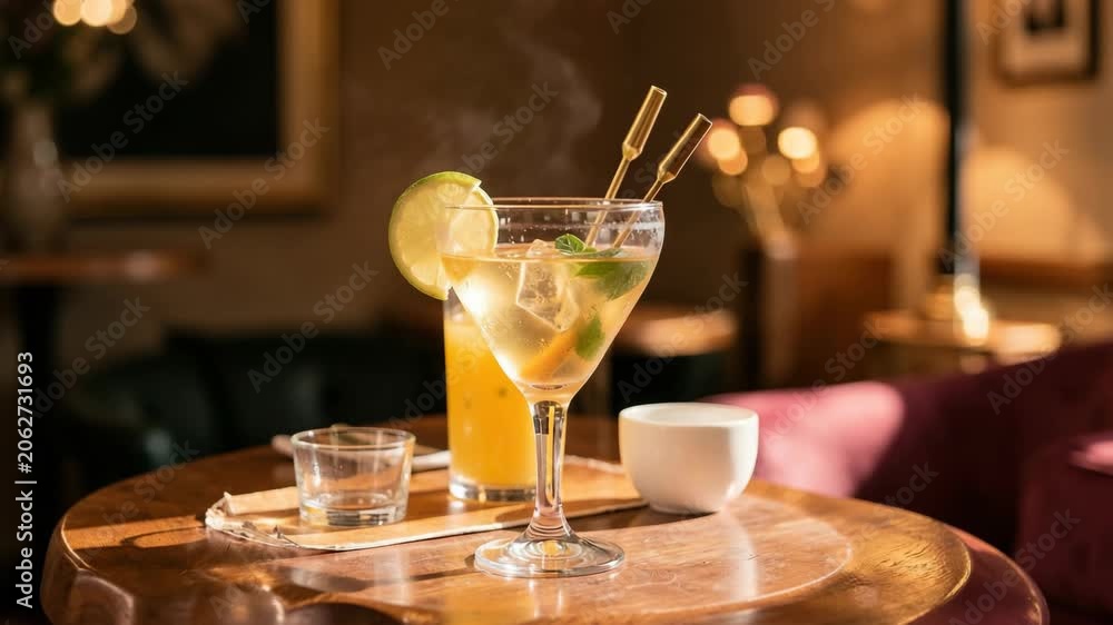 A well-presented cocktail with a slice of lemon on a bar table. Stock ...